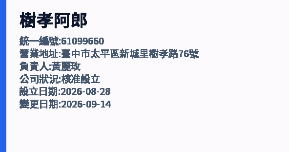 樹孝阿郎的照片-統編 61099660(臺中市) 公司登記資料與營業項目詳細圖表
