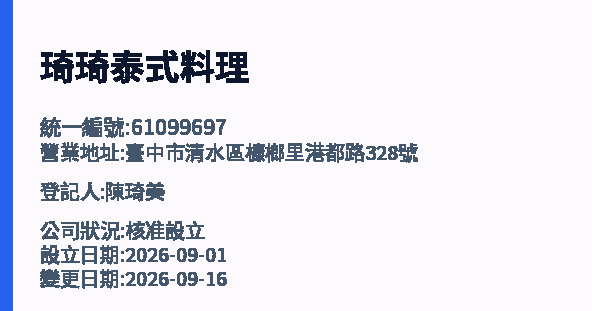 琦琦泰式料理的照片-統編 61099697(臺中市) 公司登記資料與營業項目詳細圖表
