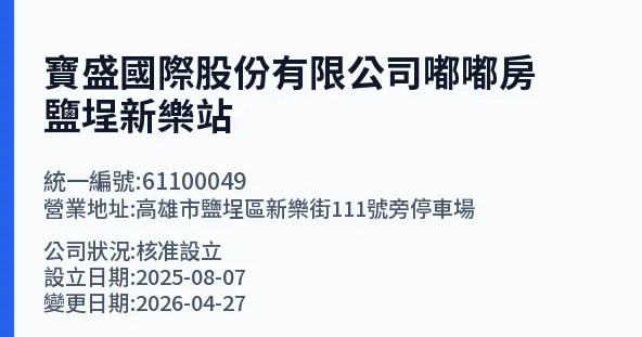 寶盛國際股份有限公司嘟嘟房鹽埕新樂站的照片-統編 61100049(高雄市) 公司登記資料與營業項目詳細圖表
