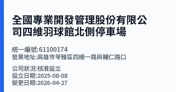全國專業開發管理股份有限公司四維羽球館北側停車場的照片-統編 61100174(高雄市) 公司登記資料與營業項目詳細圖表