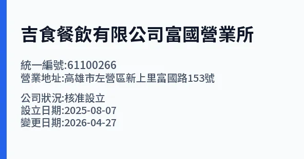 吉食餐飲有限公司富國營業所的照片-統編 61100266(高雄市) 公司登記資料與營業項目詳細圖表