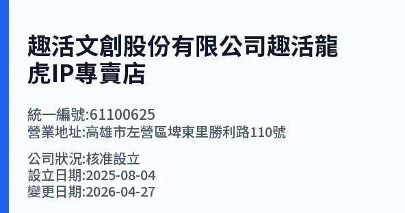 趣活文創股份有限公司趣活龍虎IP專賣店的照片-統編 61100625(高雄市) 公司登記資料與營業項目詳細圖表
