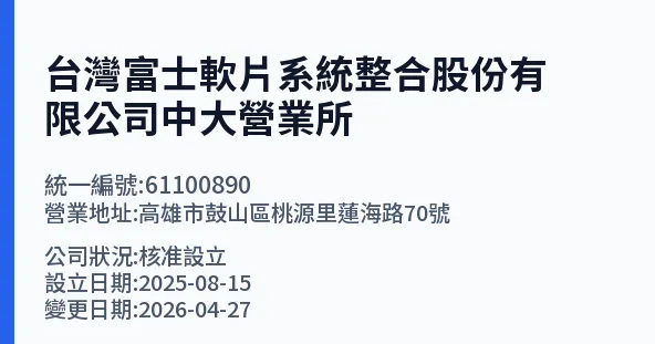 台灣富士軟片系統整合股份有限公司中大營業所的照片-統編 61100890(高雄市) 公司登記資料與營業項目詳細圖表