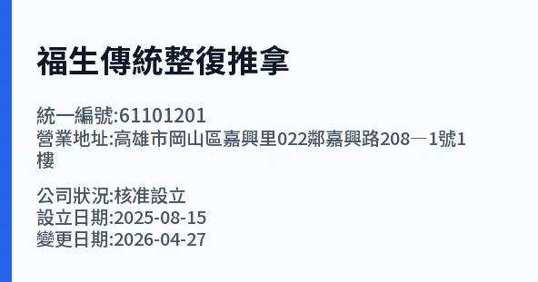 福生傳統整復推拿的照片-統編 61101201(高雄市) 公司登記資料與營業項目詳細圖表