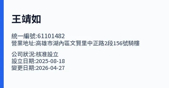 王靖如的照片-統編 61101482(高雄市) 公司登記資料與營業項目詳細圖表
