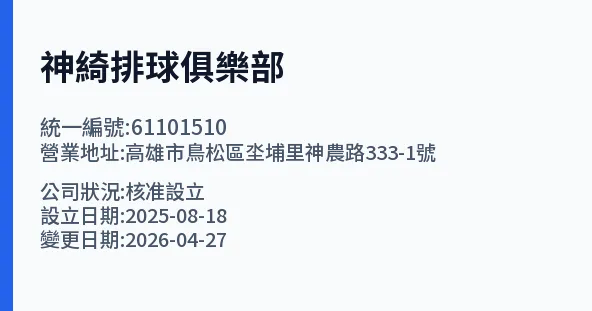 神綺排球俱樂部的照片-統編 61101510(高雄市) 公司登記資料與營業項目詳細圖表