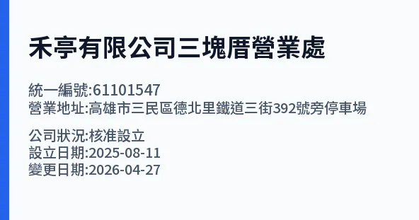 禾亭有限公司三塊厝營業處的照片-統編 61101547(高雄市) 公司登記資料與營業項目詳細圖表