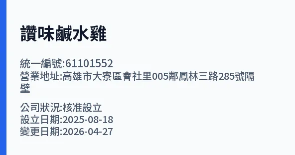 讚味鹹水雞的照片-統編 61101552(高雄市) 公司登記資料與營業項目詳細圖表