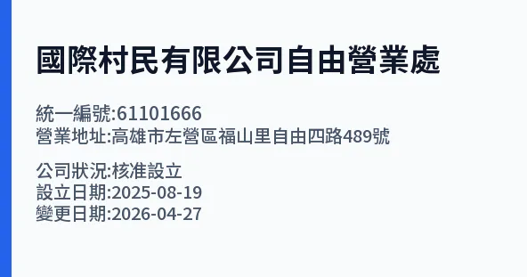 國際村民有限公司自由營業處的照片-統編 61101666(高雄市) 公司登記資料與營業項目詳細圖表