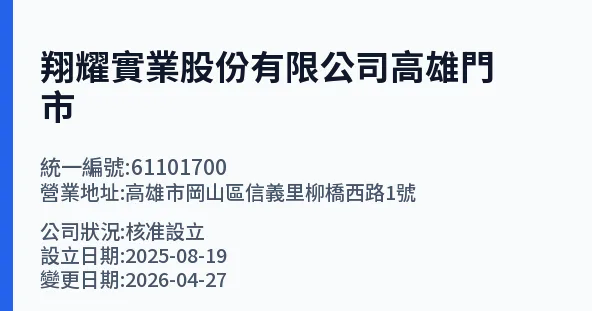 翔耀實業股份有限公司高雄門市的照片-統編 61101700(高雄市) 公司登記資料與營業項目詳細圖表