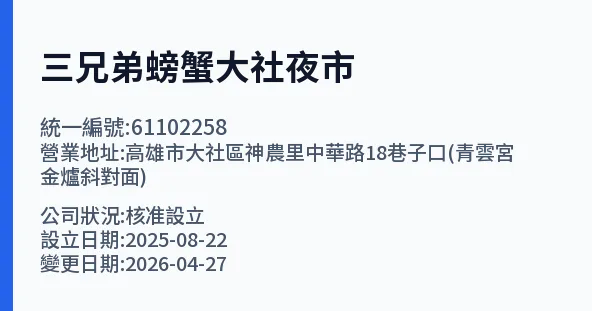 三兄弟螃蟹大社夜市的照片-統編 61102258(高雄市) 公司登記資料與營業項目詳細圖表
