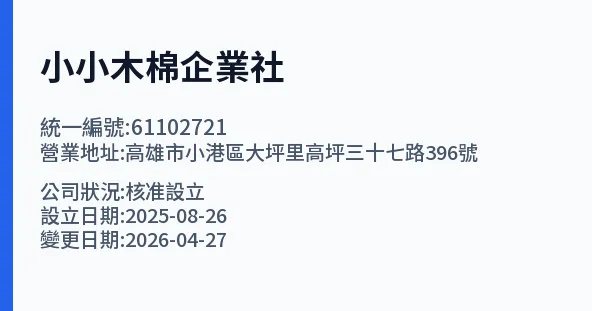 小小木棉企業社的照片-統編 61102721(高雄市) 公司登記資料與營業項目詳細圖表