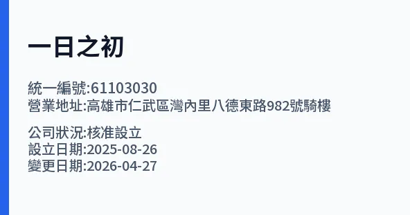 一日之初的照片-統編 61103030(高雄市) 公司登記資料與營業項目詳細圖表