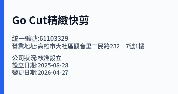 Go Cut精緻快剪的照片-統編 61103329(高雄市) 公司登記資料與營業項目詳細圖表