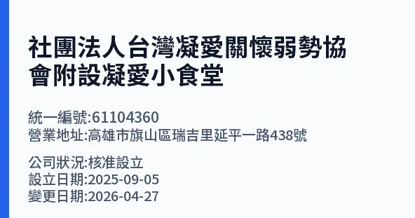 社團法人台灣凝愛關懷弱勢協會附設凝愛小食堂的照片-統編 61104360(高雄市) 公司登記資料與營業項目詳細圖表