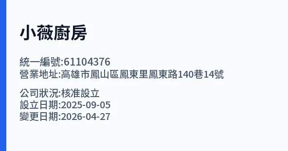 小薇廚房的照片-統編 61104376(高雄市) 公司登記資料與營業項目詳細圖表