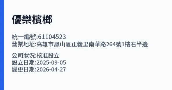 優樂檳榔的照片-統編 61104523(高雄市) 公司登記資料與營業項目詳細圖表