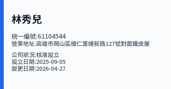 林秀兒的照片-統編 61104544(高雄市) 公司登記資料與營業項目詳細圖表