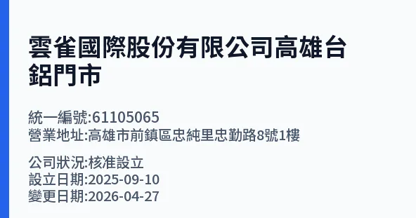 雲雀國際股份有限公司高雄台鋁門市的照片-統編 61105065(高雄市) 公司登記資料與營業項目詳細圖表