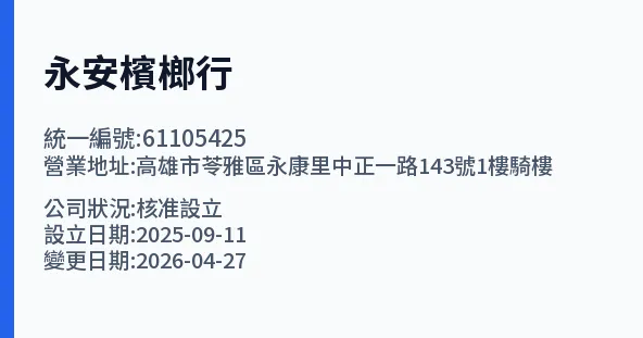 永安檳榔行的照片-統編 61105425(高雄市) 公司登記資料與營業項目詳細圖表