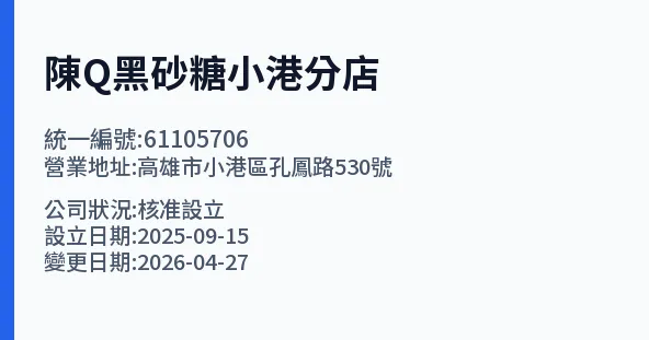 陳Q黑砂糖小港分店的照片-統編 61105706(高雄市) 公司登記資料與營業項目詳細圖表