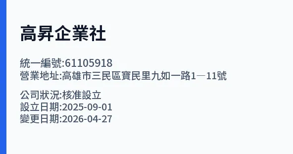 高昇企業社的照片-統編 61105918(高雄市) 公司登記資料與營業項目詳細圖表