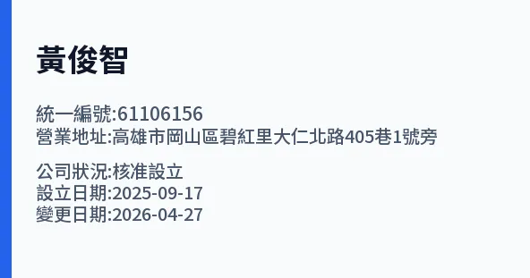 黃俊智的照片-統編 61106156(高雄市) 公司登記資料與營業項目詳細圖表