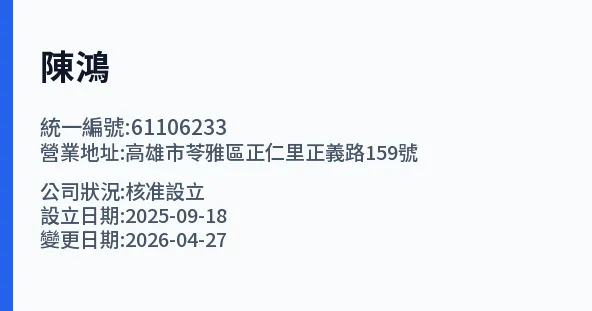 陳鴻的照片-統編 61106233(高雄市) 公司登記資料與營業項目詳細圖表