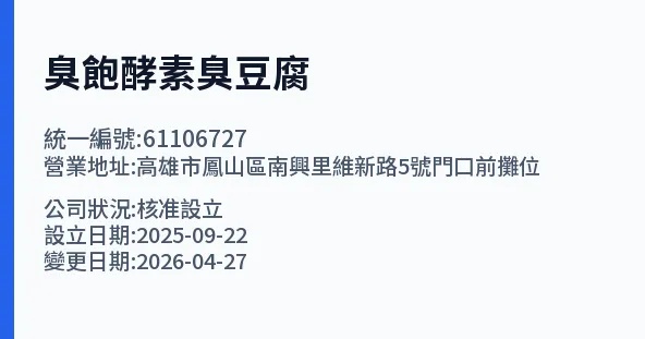 臭飽酵素臭豆腐的照片-統編 61106727(高雄市) 公司登記資料與營業項目詳細圖表