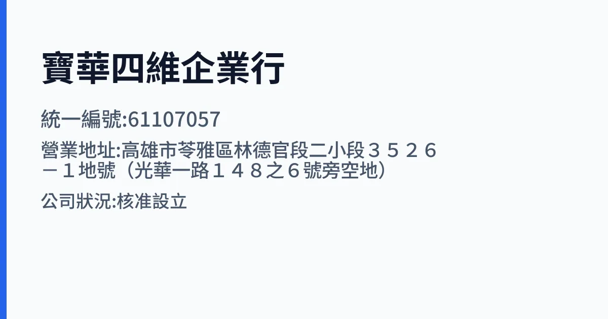 寶華四維企業行 - 統編 61107057(高雄市) 公司登記資料與營業項目詳細圖表