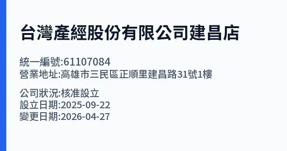 台灣產經股份有限公司建昌店的照片-統編 61107084(高雄市) 公司登記資料與營業項目詳細圖表