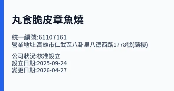 丸食脆皮章魚燒的照片-統編 61107161(高雄市) 公司登記資料與營業項目詳細圖表