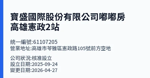 寶盛國際股份有限公司嘟嘟房高雄憲政2站的照片-統編 61107205(高雄市) 公司登記資料與營業項目詳細圖表