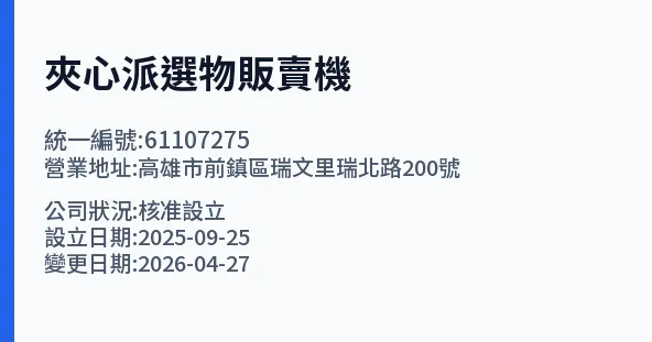 夾心派選物販賣機的照片-統編 61107275(高雄市) 公司登記資料與營業項目詳細圖表