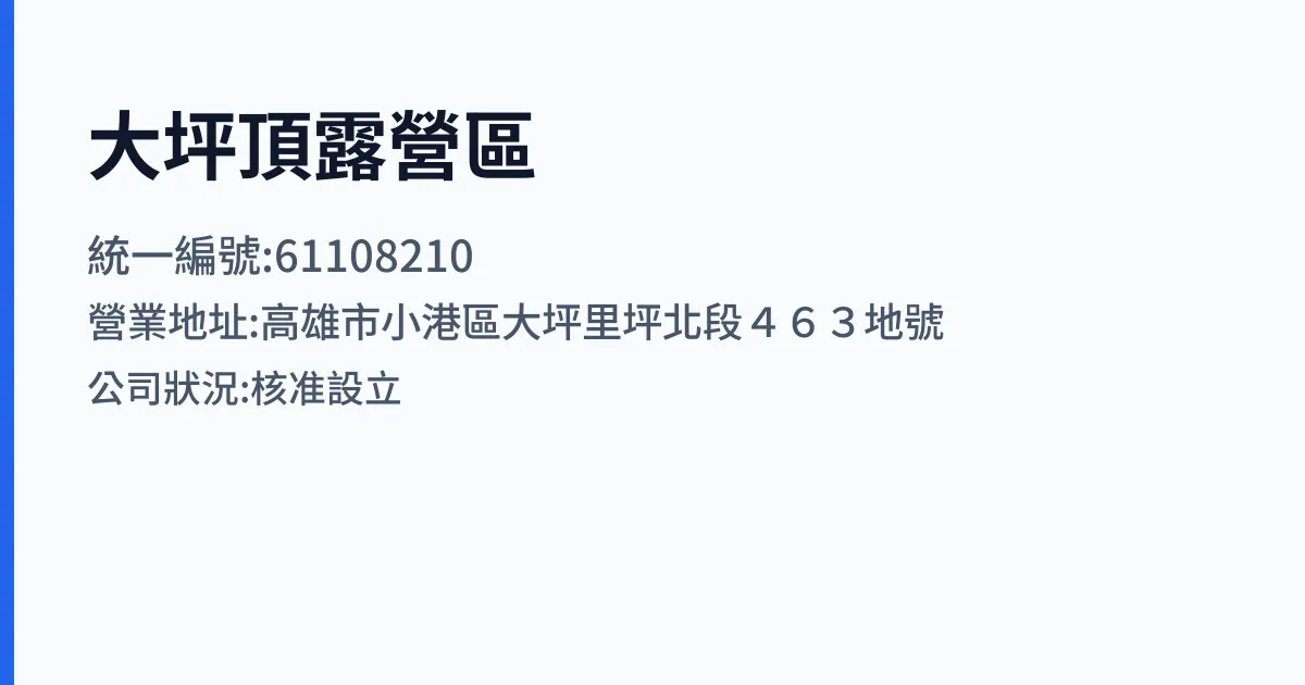 大坪頂露營區 - 統編 61108210(高雄市) 公司登記資料與營業項目詳細圖表
