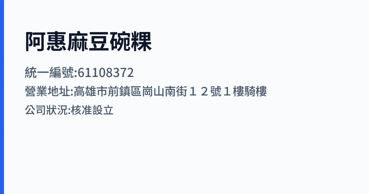 阿惠麻豆碗粿 - 統編 61108372(高雄市) 公司登記資料與營業項目詳細圖表