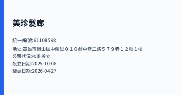 美珍髮廊的照片-統編 61108598(高雄市) 公司登記資料與營業項目詳細圖表