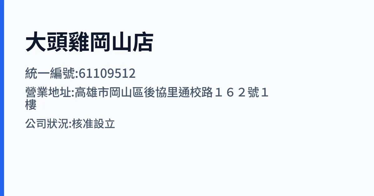 大頭雞岡山店 - 統編 61109512(高雄市) 公司登記資料與營業項目詳細圖表