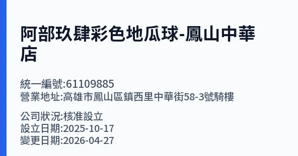 阿部玖肆彩色地瓜球-鳳山中華店的照片-統編 61109885(高雄市) 公司登記資料與營業項目詳細圖表