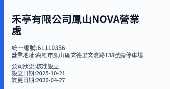 禾亭有限公司鳳山NOVA營業處的照片-統編 61110356(高雄市) 公司登記資料與營業項目詳細圖表