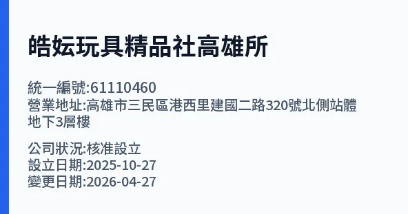 皓妘玩具精品社高雄所的照片-統編 61110460(高雄市) 公司登記資料與營業項目詳細圖表