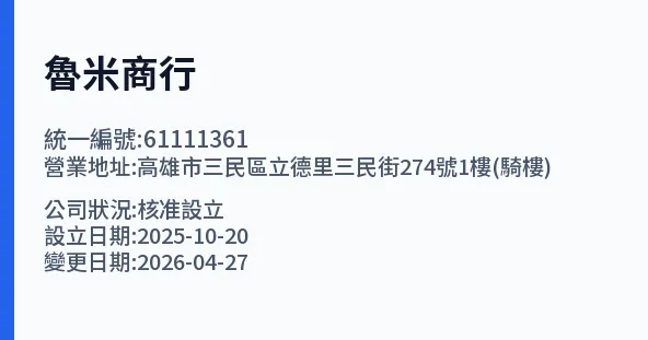 魯米商行的照片-統編 61111361(高雄市) 公司登記資料與營業項目詳細圖表