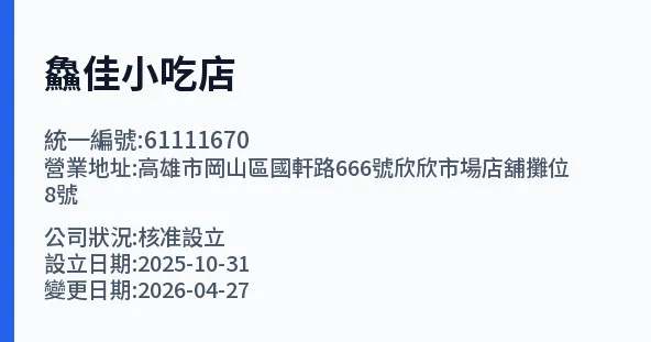 鱻佳小吃店的照片-統編 61111670(高雄市) 公司登記資料與營業項目詳細圖表