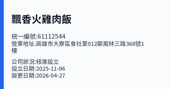 飄香火雞肉飯的照片-統編 61112544(高雄市) 公司登記資料與營業項目詳細圖表