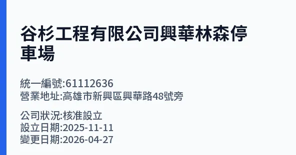 谷杉工程有限公司興華林森停車場的照片-統編 61112636(高雄市) 公司登記資料與營業項目詳細圖表