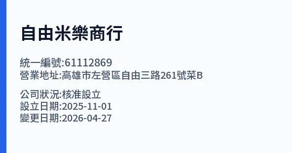 自由米樂商行的照片-統編 61112869(高雄市) 公司登記資料與營業項目詳細圖表
