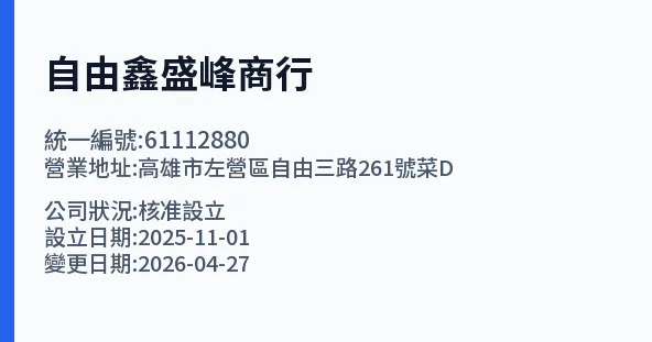 自由鑫盛峰商行的照片-統編 61112880(高雄市) 公司登記資料與營業項目詳細圖表