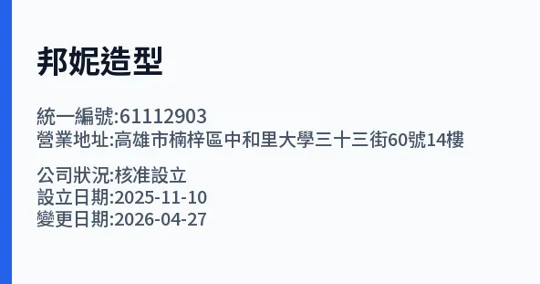 邦妮造型的照片-統編 61112903(高雄市) 公司登記資料與營業項目詳細圖表