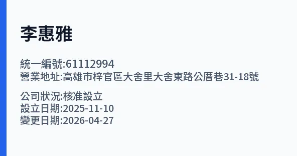李惠雅的照片-統編 61112994(高雄市) 公司登記資料與營業項目詳細圖表