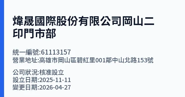 煒晟國際股份有限公司岡山二印門市部的照片-統編 61113157(高雄市) 公司登記資料與營業項目詳細圖表